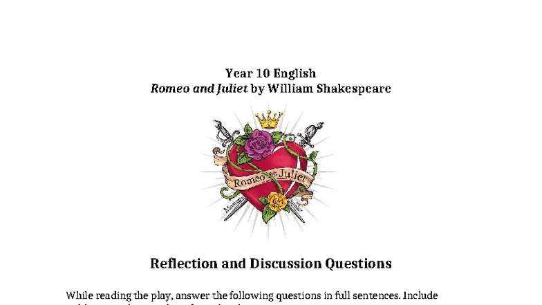 Year 10 English: Reflection & Discussion Questions on Romeo and Juliet ...