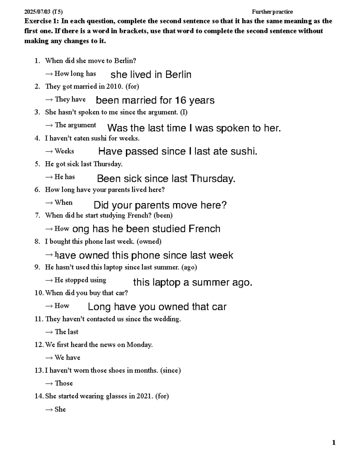 (T5) Further Practice Exercises: Sentence Completion & Future Tenses ...