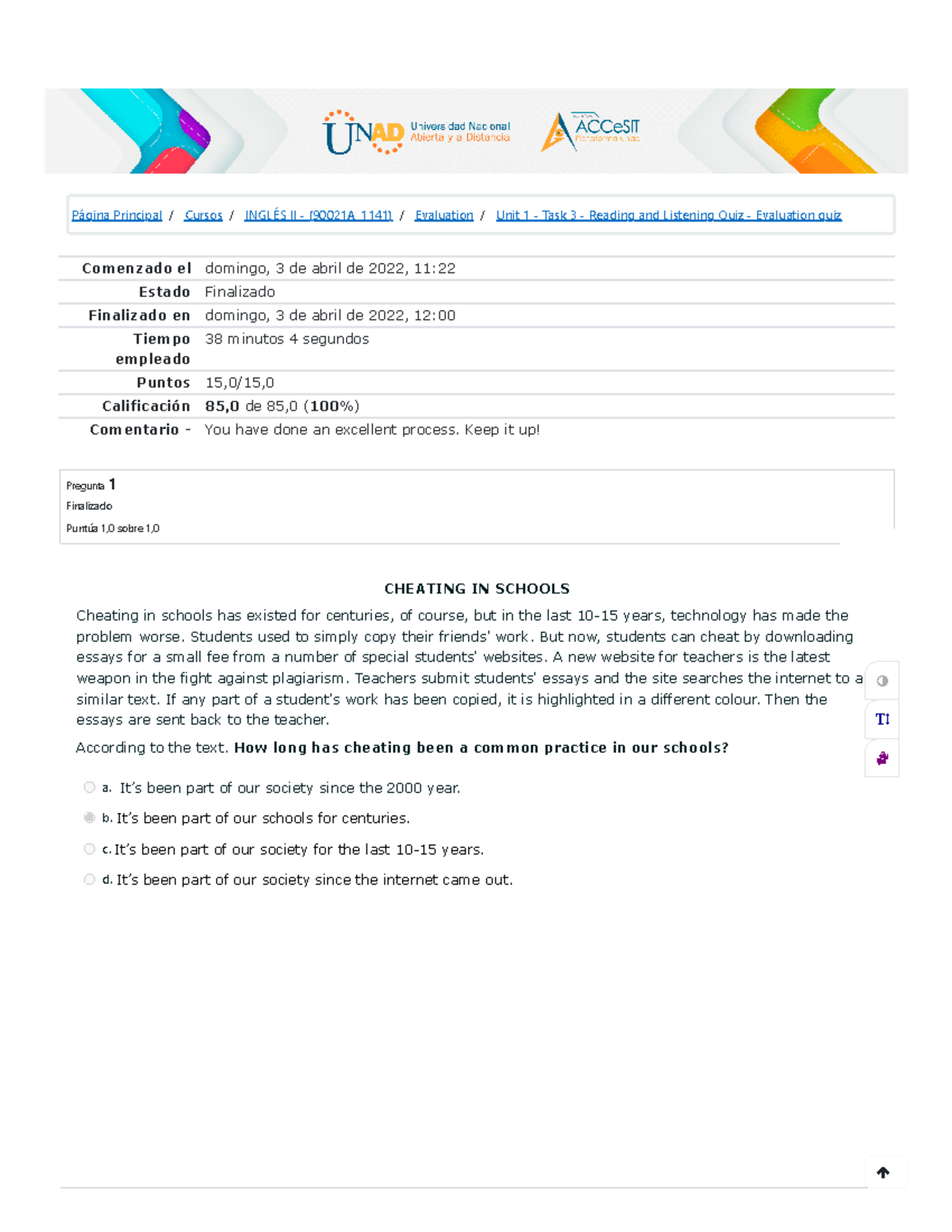 Unit 1 - Task 3 - Reading and Listening Quiz - Evaluation quiz Revisión ...