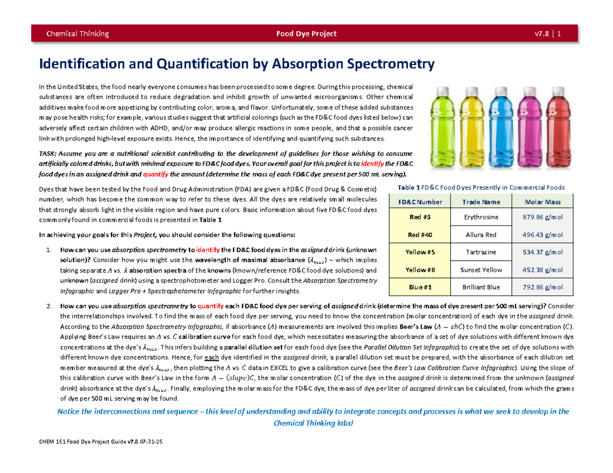 CHEM 151 Food Dye Project Guide: Identification & Quantification - Studocu
