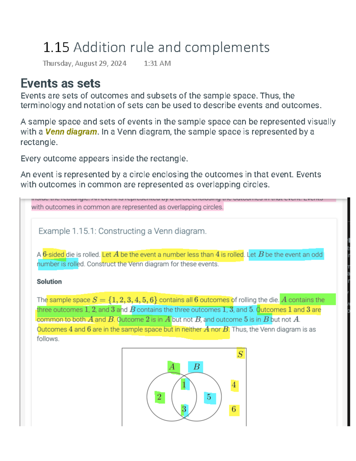 New Mat 243 1.15 Addition rule and complements notes - Events as sets ...
