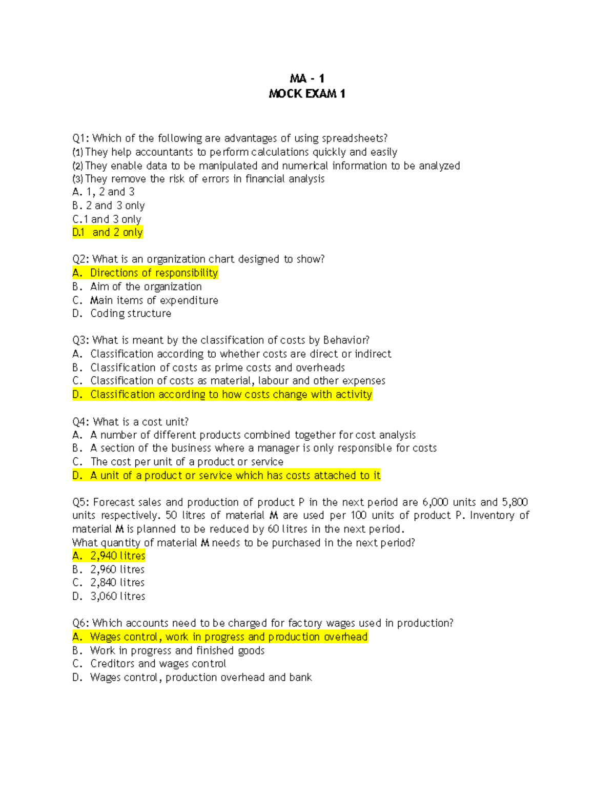 MA1 Mock Exam 1 - Comprehensive Review of Accounting Concepts - Studocu