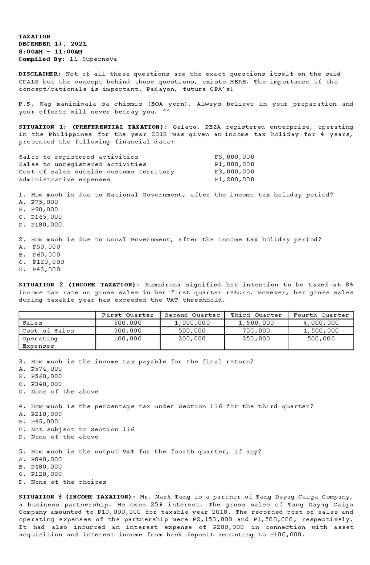 Taxation Situational Exam Questions and Answers for CPALE - Studocu