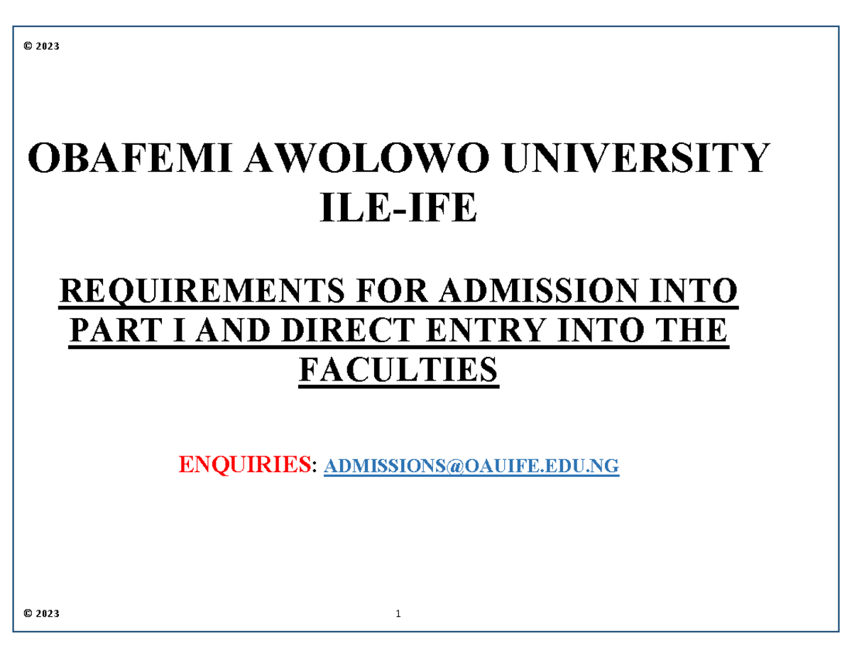 OAU 2023 Admission Requirements for Part I & Direct Entry into ...