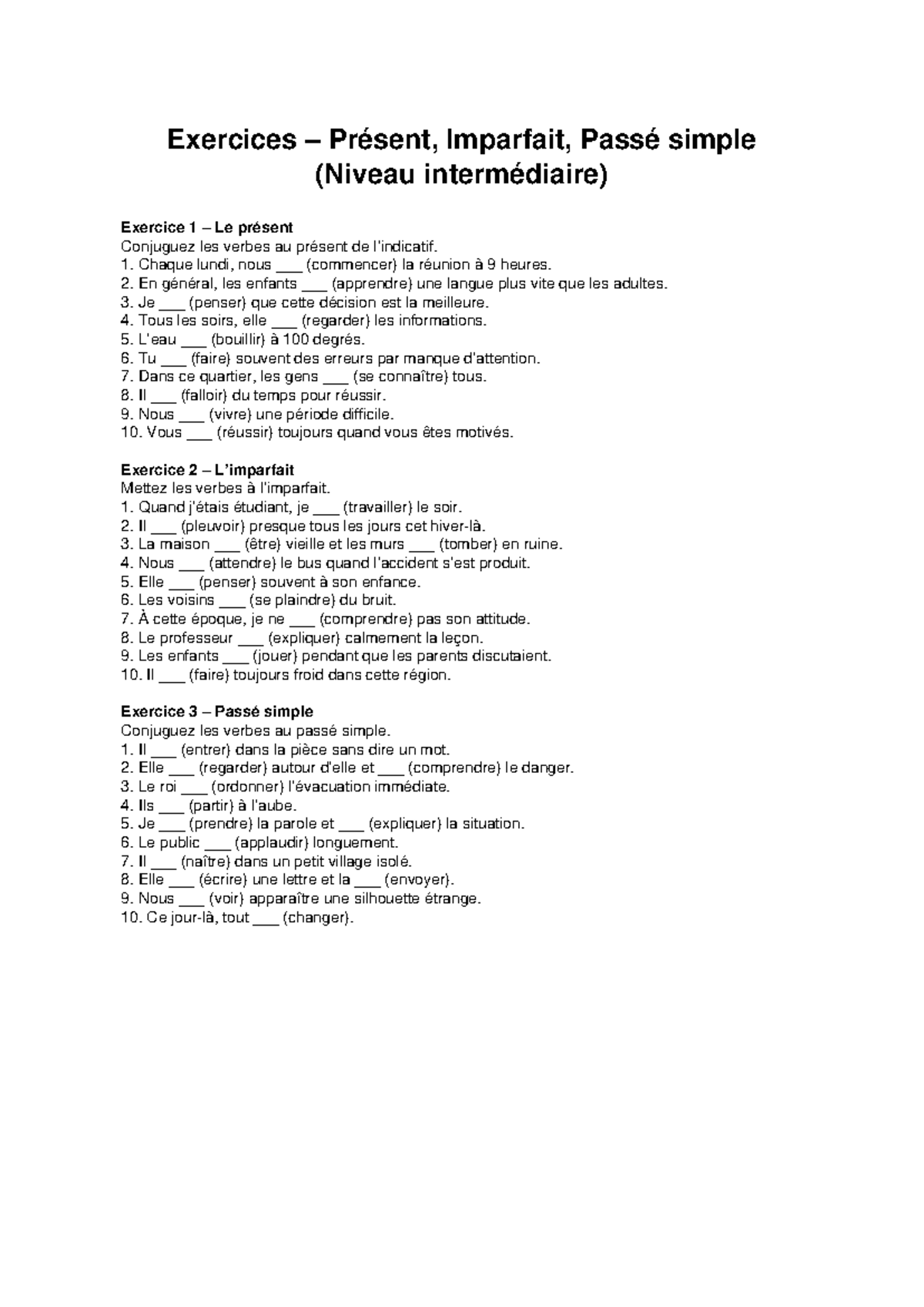 Exercices de Conjugaison au Présent, Imparfait, Passé Simple B1 B2 ...