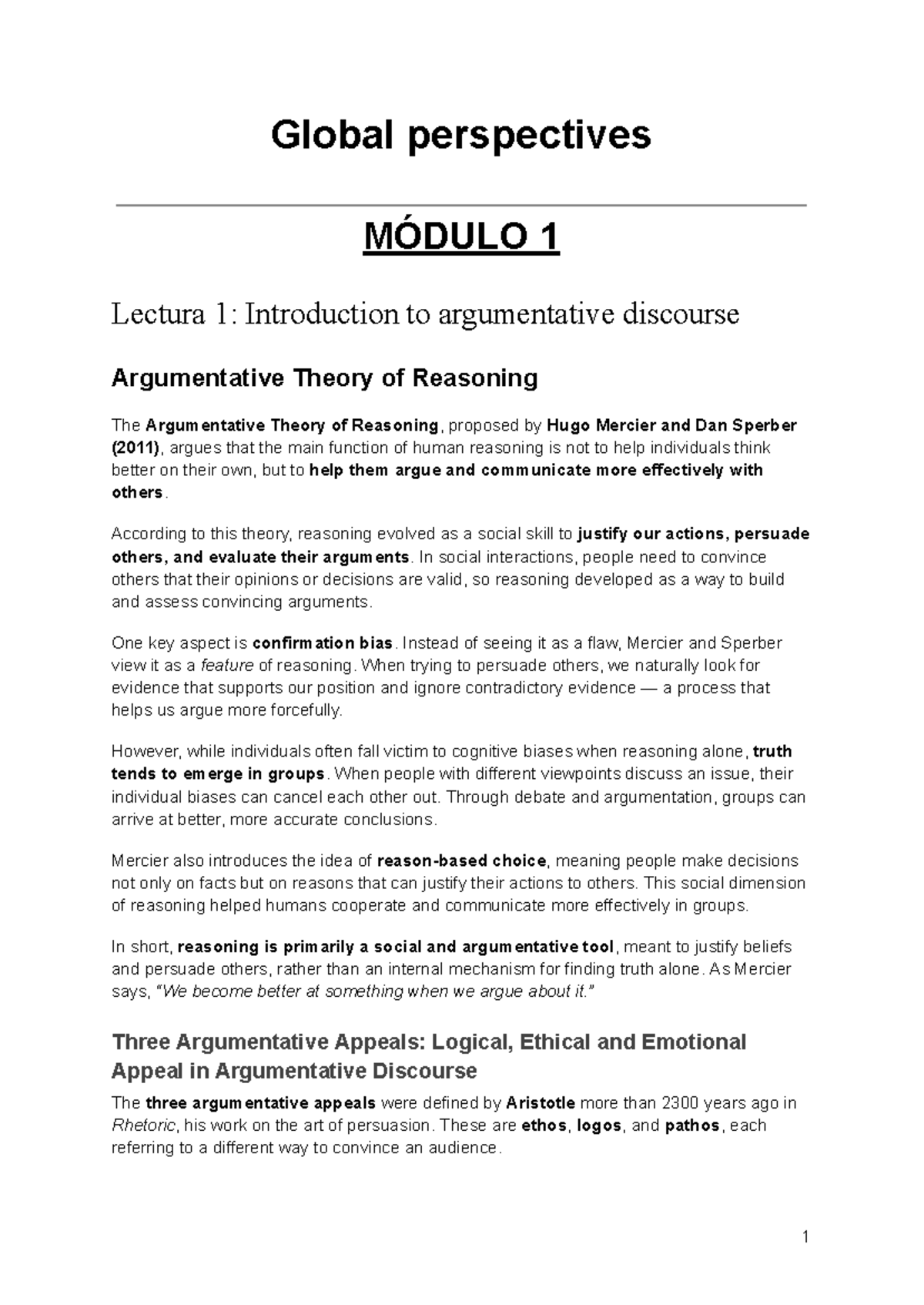 Global Perspectives MÓDULO 1: Introduction to Argumentative Discourse ...