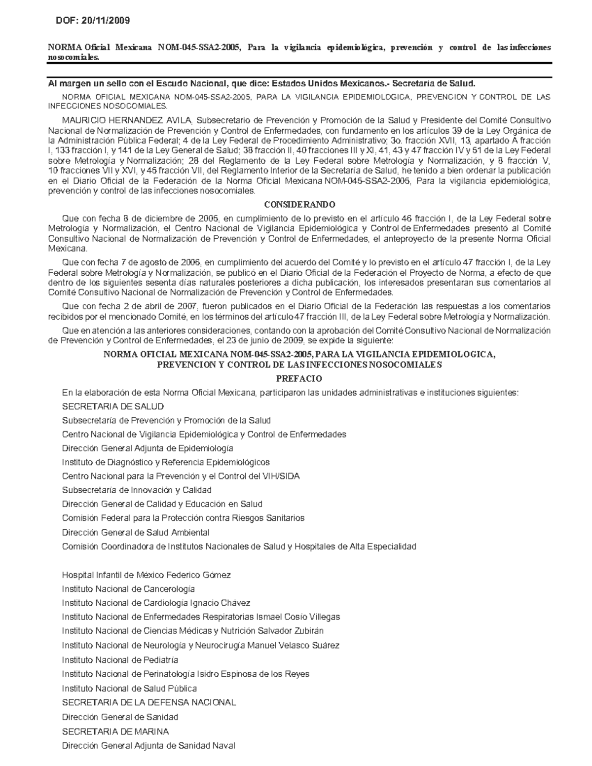 NOM-045-SSA2-2005: Vigilancia y Control de Infecciones Nosocomiales ...