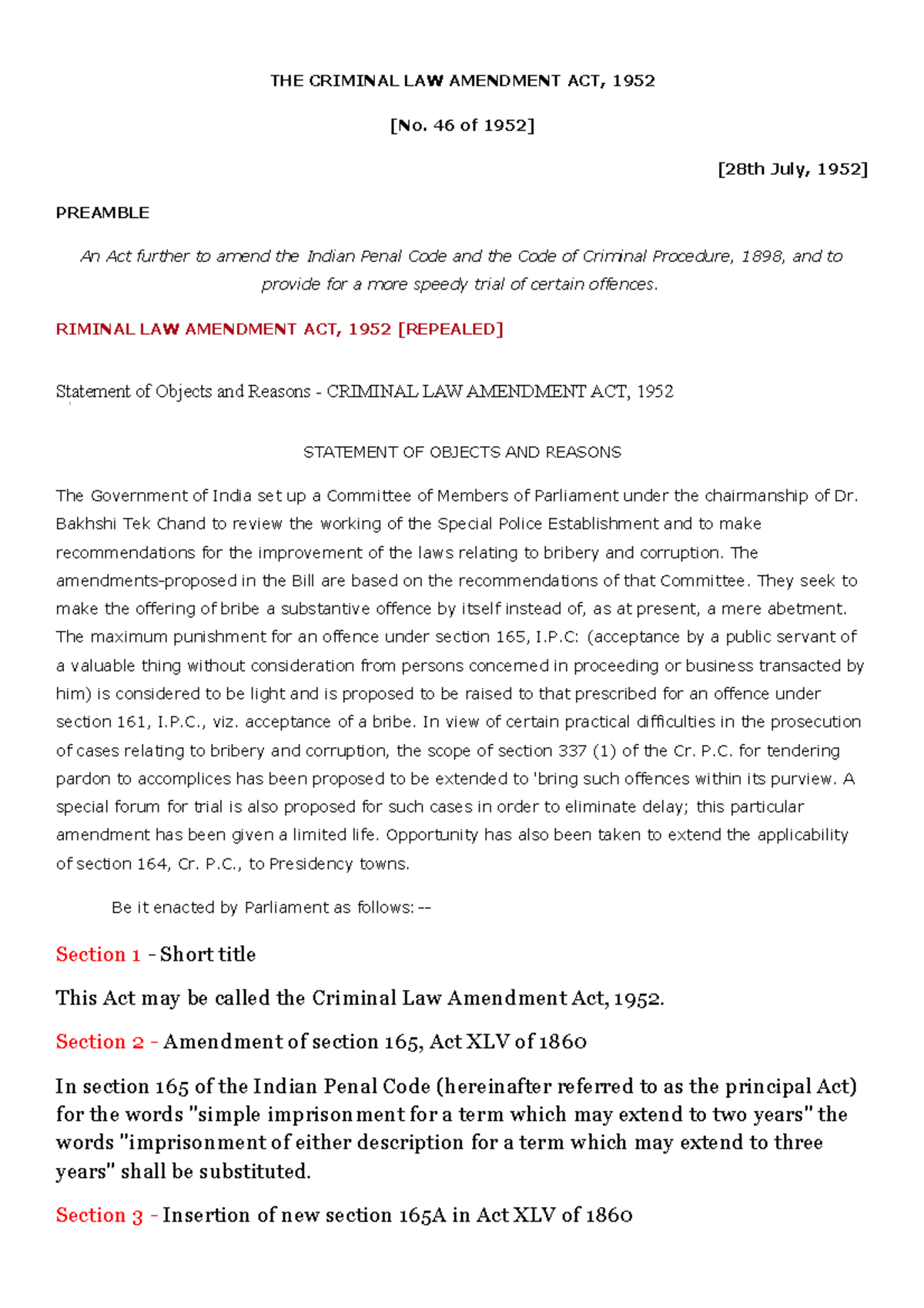Criminal Law Amendment Act, 1952: Key Features & Provisions - Studocu