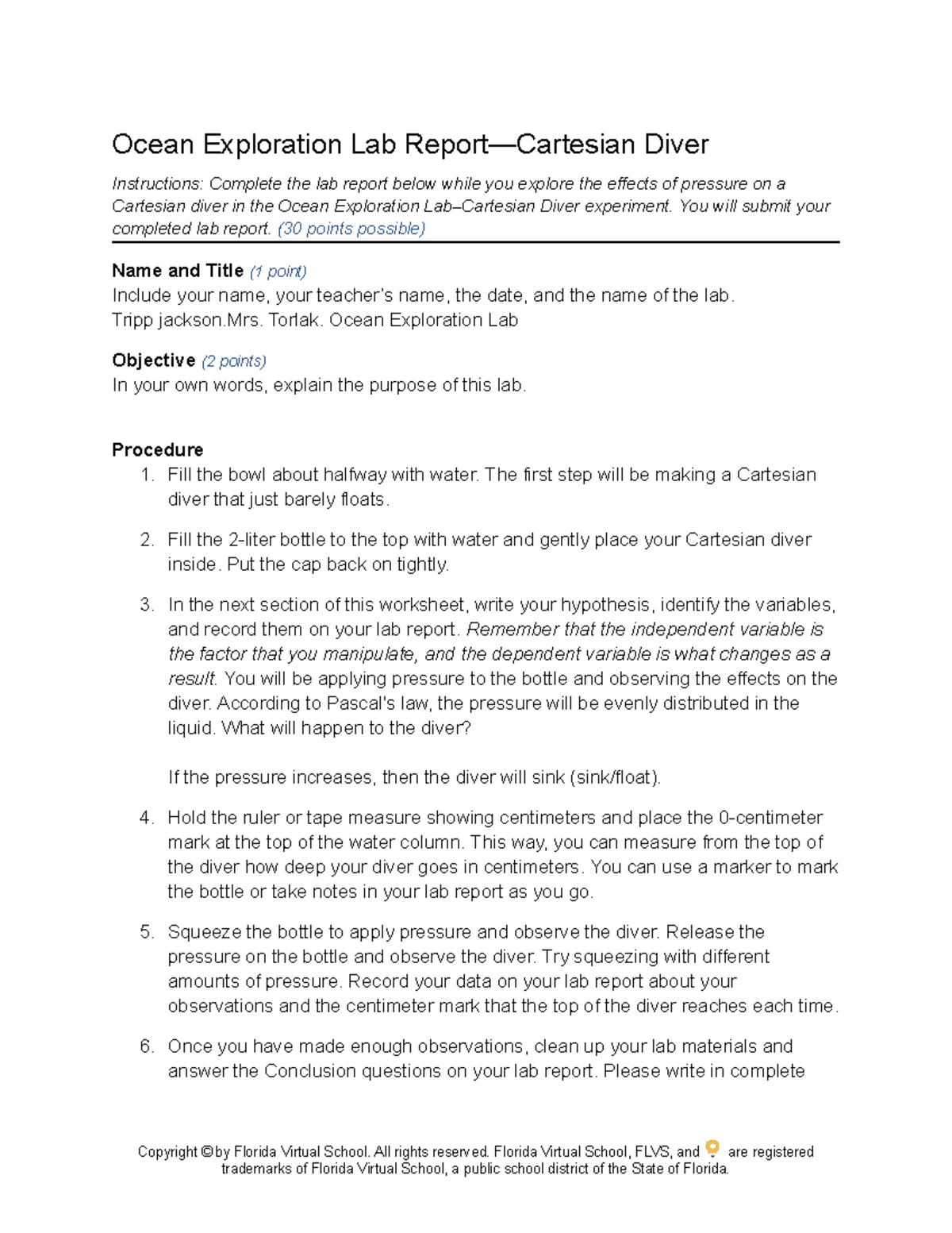 Ocean Exploration Lab: Cartesian Diver Experiment Report (01 02) - Studocu