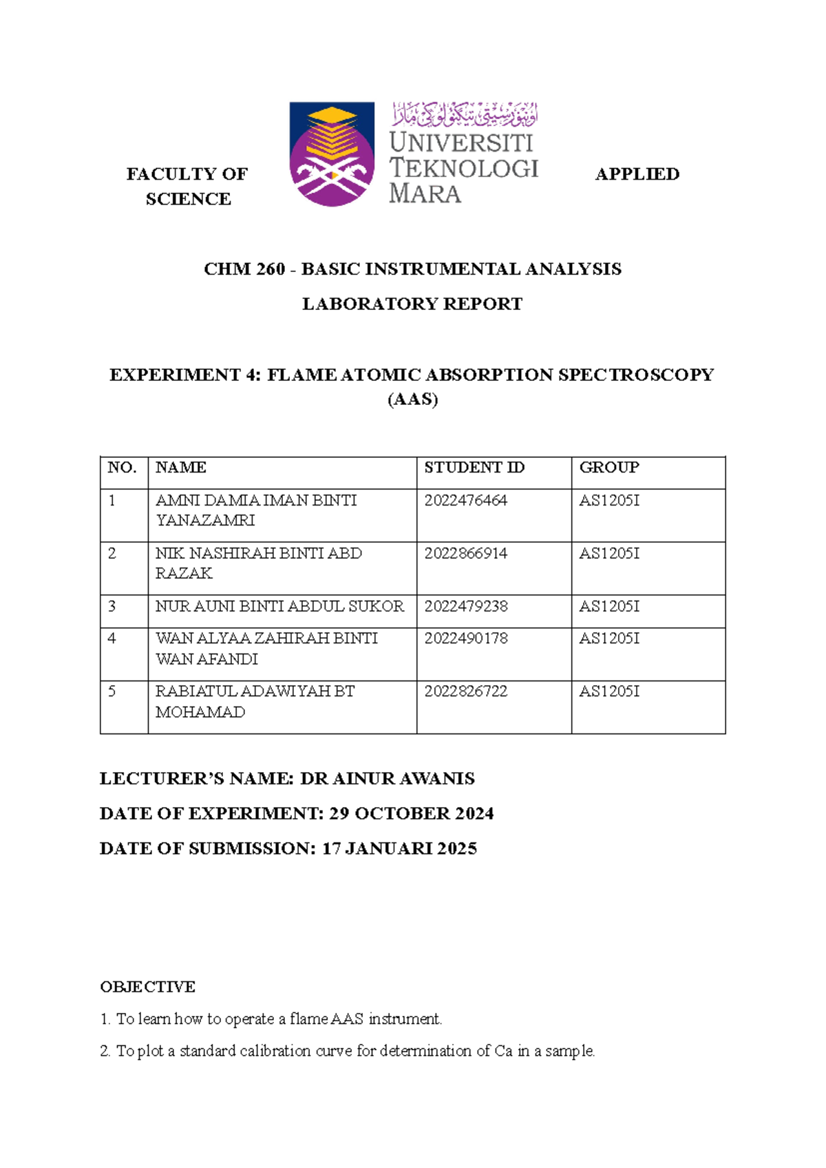 CHM260 EXP4 - as120 - FACULTY OF APPLIED SCIENCE CHM 260 - BASIC ...