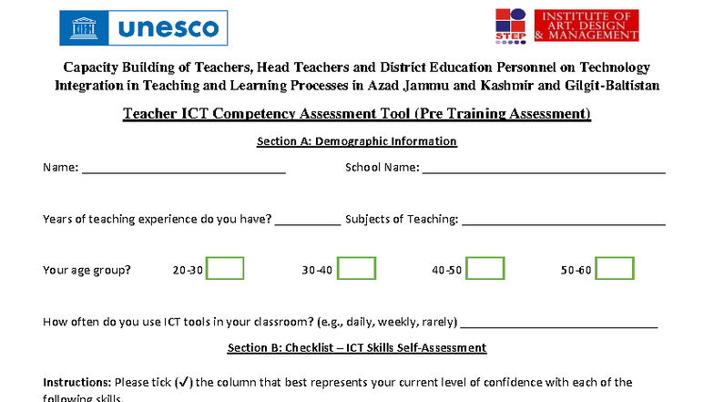 Teacher ICT Competency Assessment Tool (TNA-AJK & GB) for Educators ...