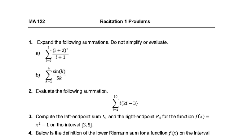 MA 122 Recitation 1 Problems (Fall 2025) - Summations & Riemann Sums - Studocu