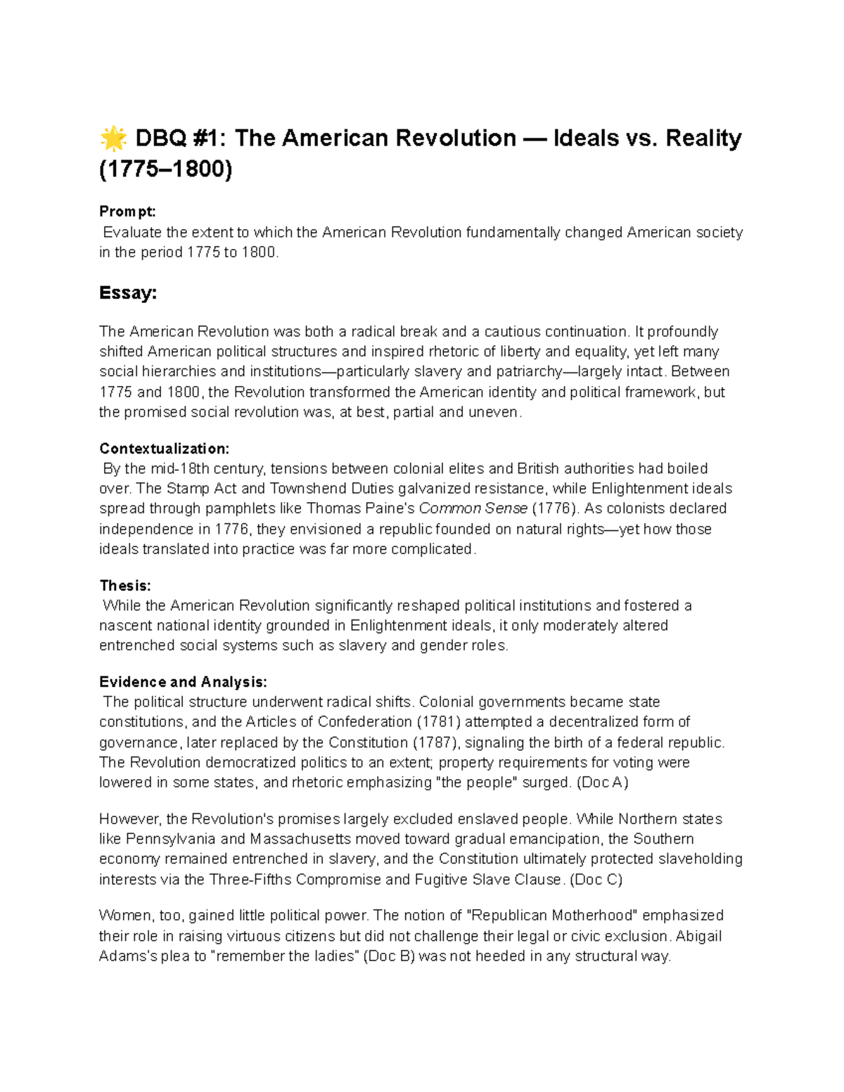DBQ #1: The American Revolution - Ideals vs. Reality (1775-1800) - Studocu