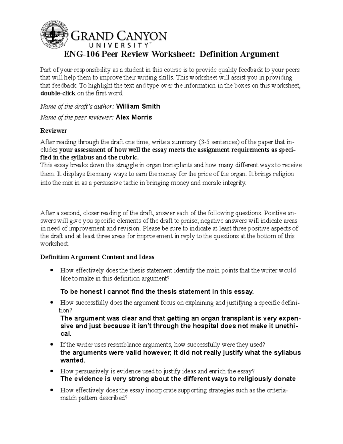 ENG-106 Peer Review Worksheet for Definition Argument Draft - Studocu