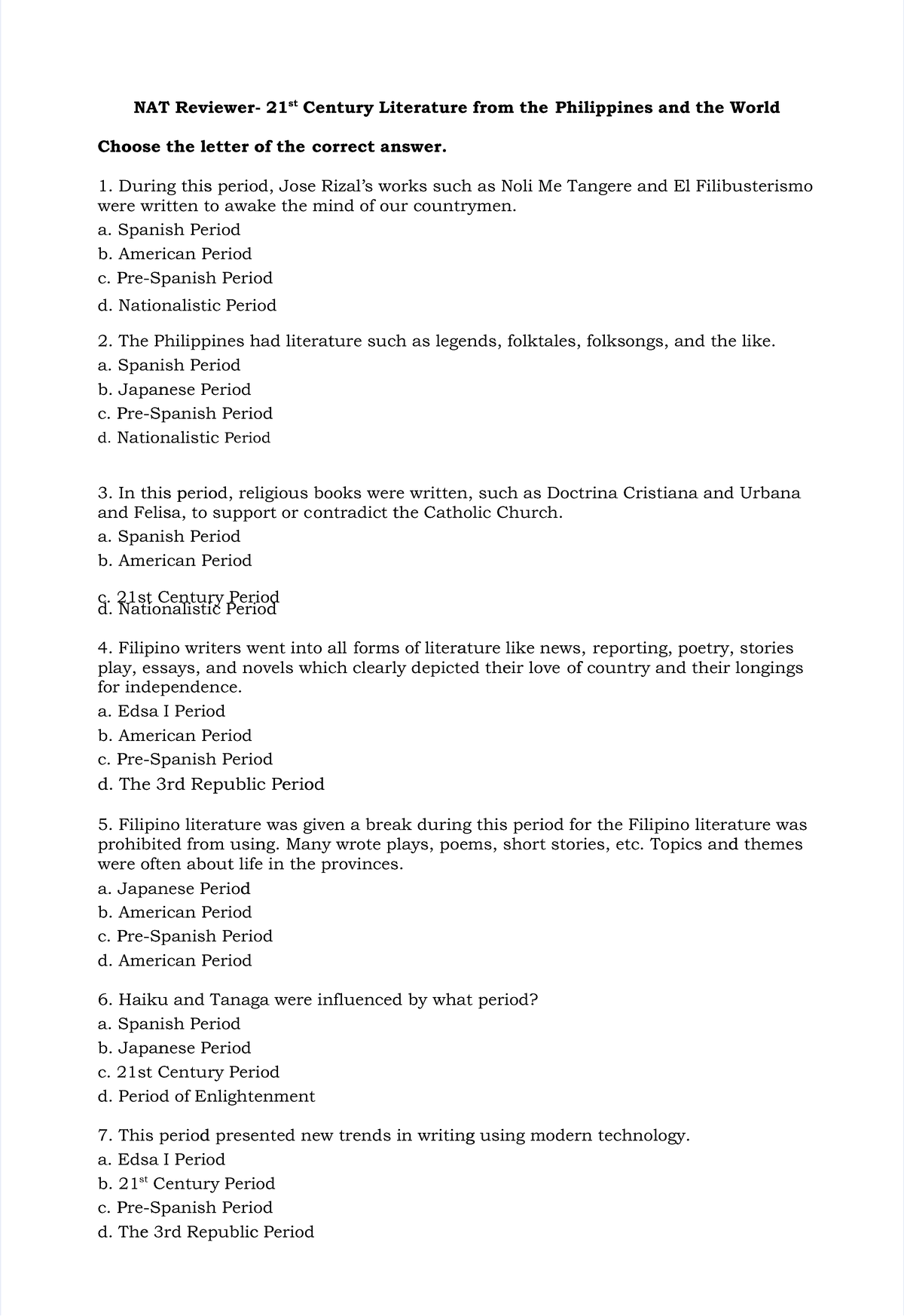 NAT 21st Century Literature Review: Quiz and Answer Key - Studocu