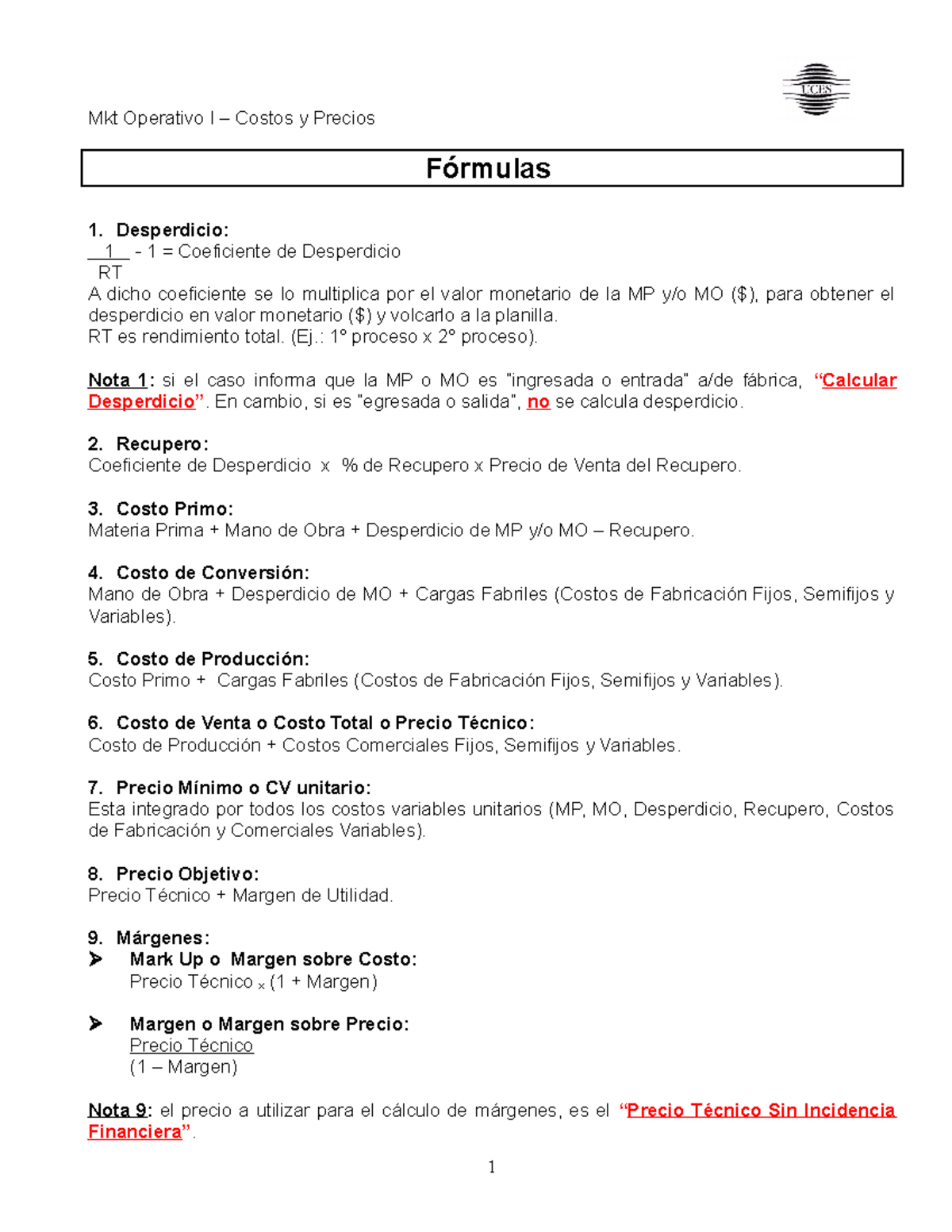 Formulas Clave - Costos y Precios para RT101 Final Exam - Studocu