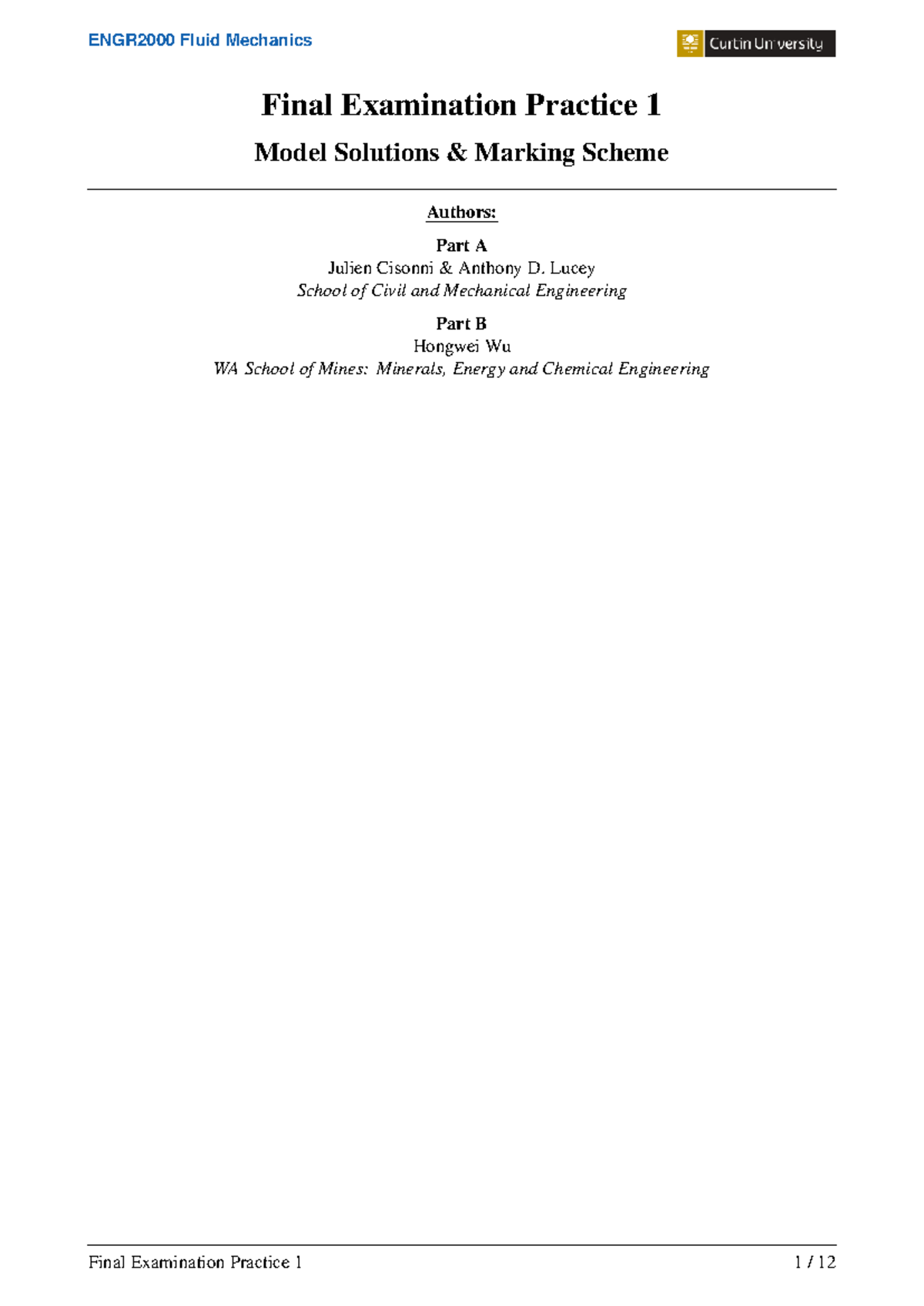 ENGR2000 Fluid Mechanics Final Exam Practice 1 Solutions - Studocu