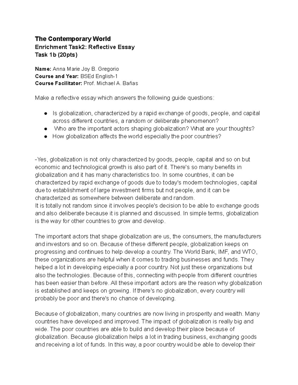 BSEd Contemporary World Task 1b: Reflective Essay on Globalization ...