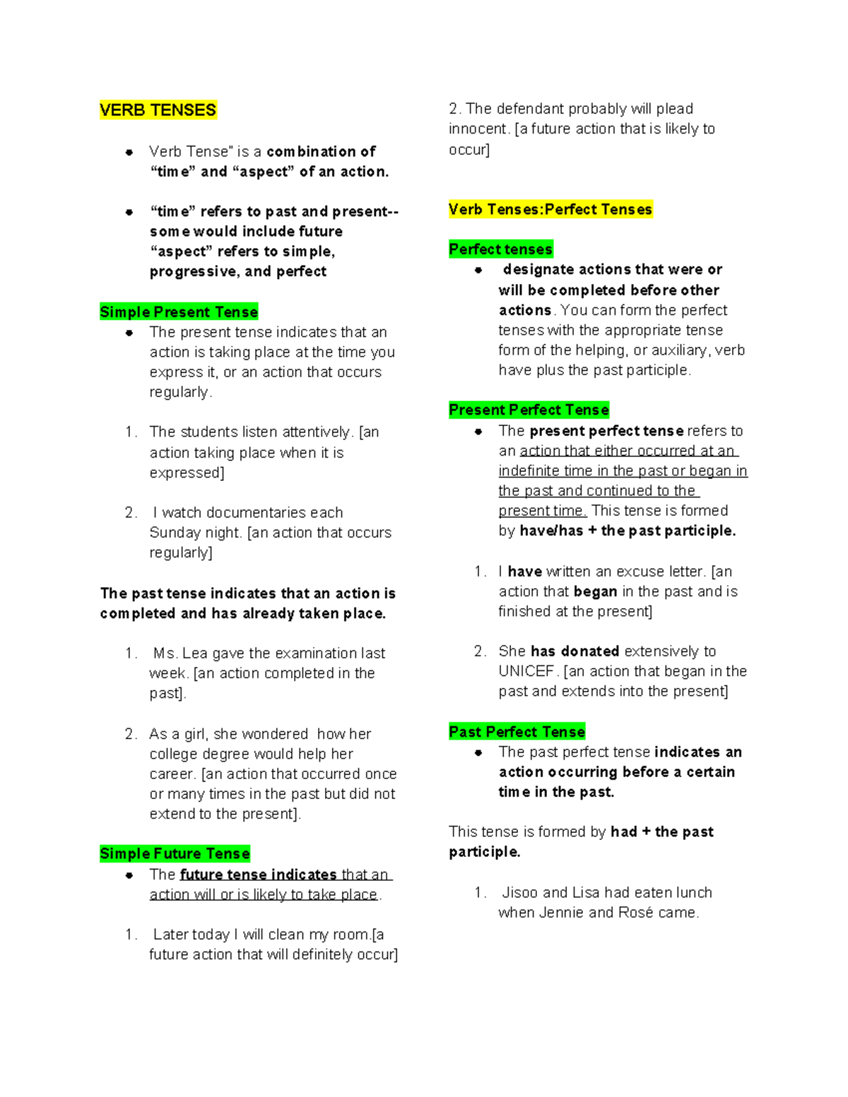 VERB TENSES Overview - ENG101 Lecture Notes - Studocu
