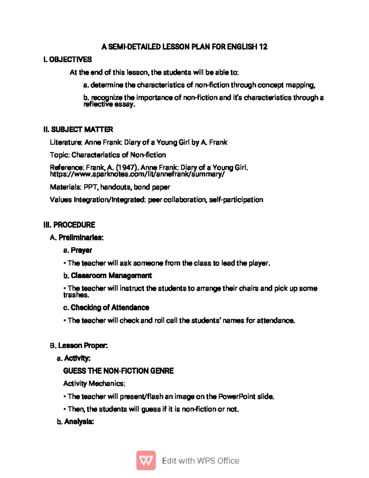 English 12 Semi-Detailed Lesson Plan: Non-Fiction Characteristics - Studocu