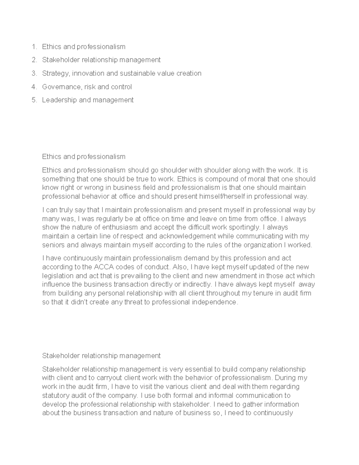PER - Statements - Ethics and professionalism Stakeholder relationship ...