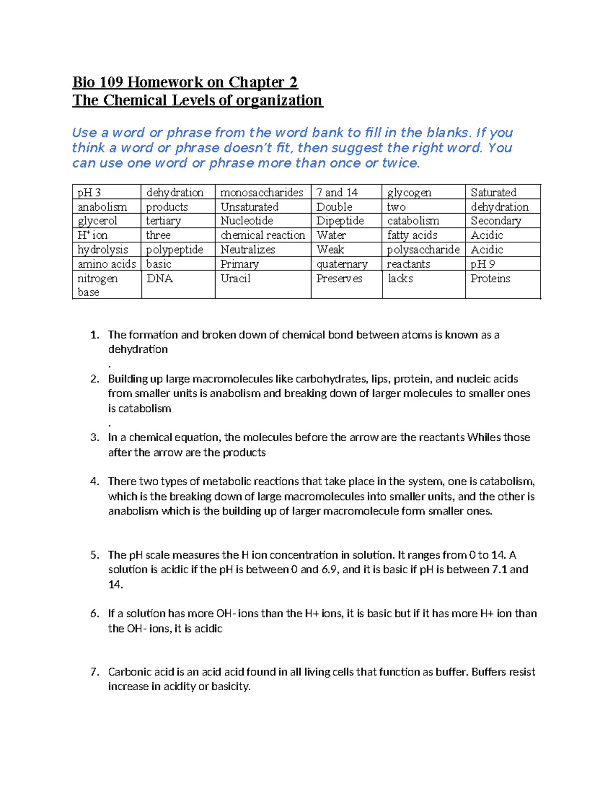 Bio 109 Homework: Understanding Chemical Levels in Chapter 2 - Studocu