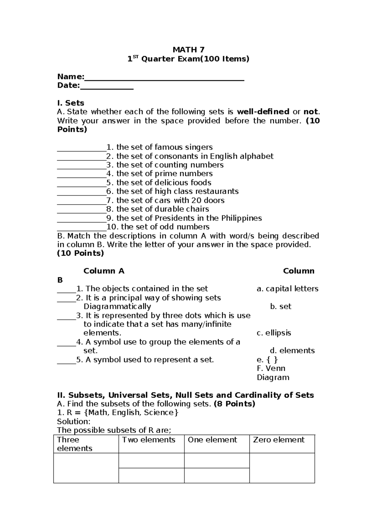 1ST Quarter EXAM MATH 7 - Guide for Math & teachers - MATH 7 1 ST ...