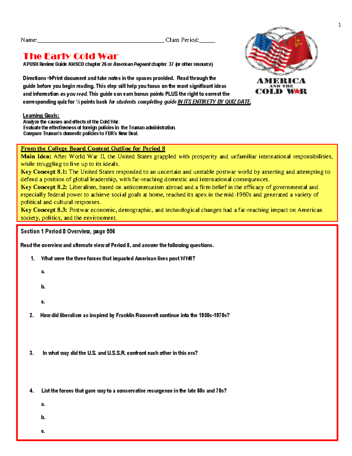 Guided Reading Notes for APUSH AMSCO Chapter 26: The Early Cold War ...