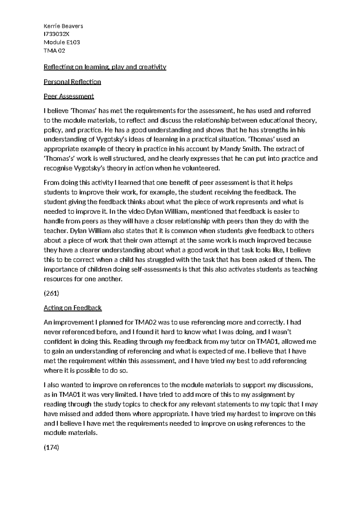 Kerrie Beavers I733032X Module E103 TMA 02: Reflection on Learning ...