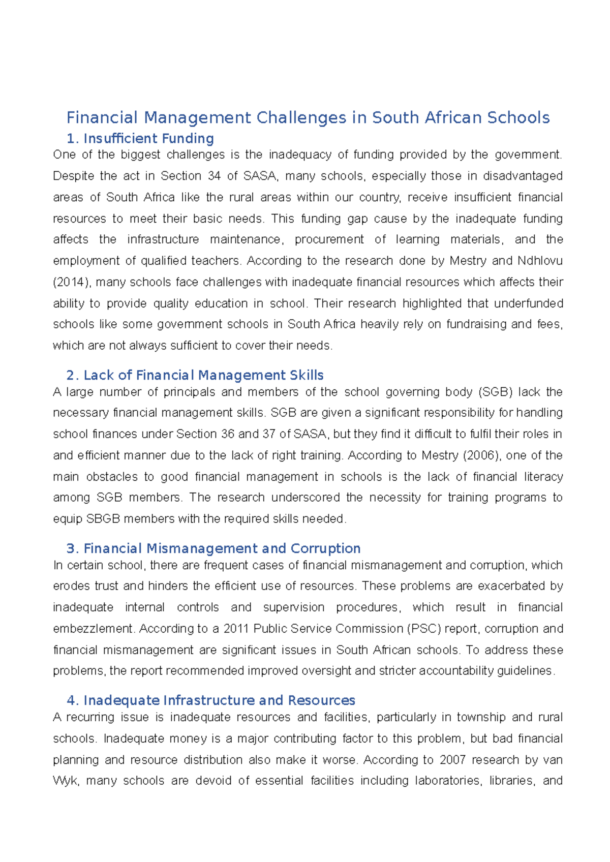 Financial Management Challenges in South African Schools: Analysis ...