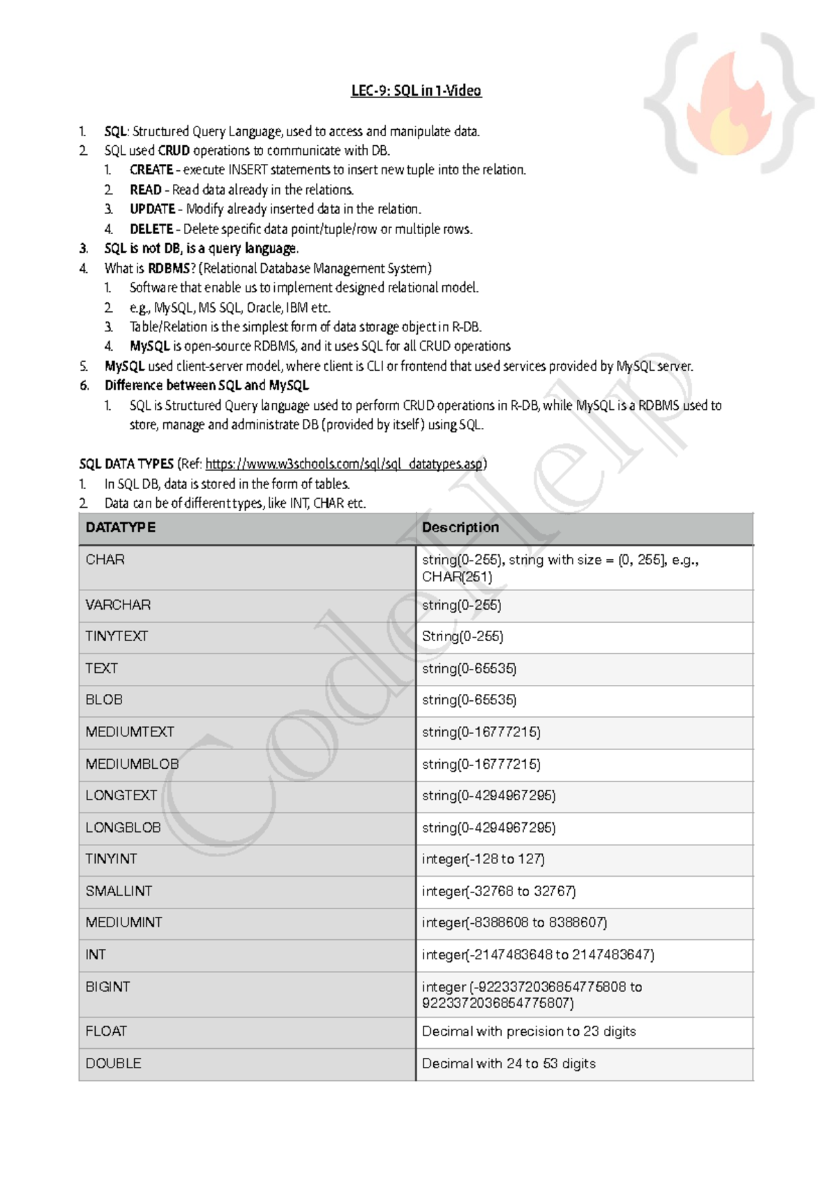 SQL Lecture Notes: Understanding CRUD Operations and RDBMS Concepts ...