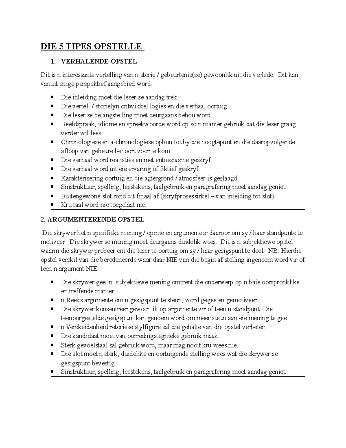 DIE 5 TIPES OPSTELLE - 'n Gids tot die Verskillende Opstelvorme - Studocu