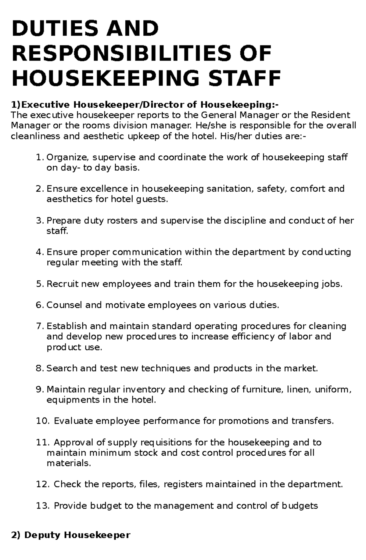 Housekeeping Staff Duties and Responsibilities Overview - Studocu