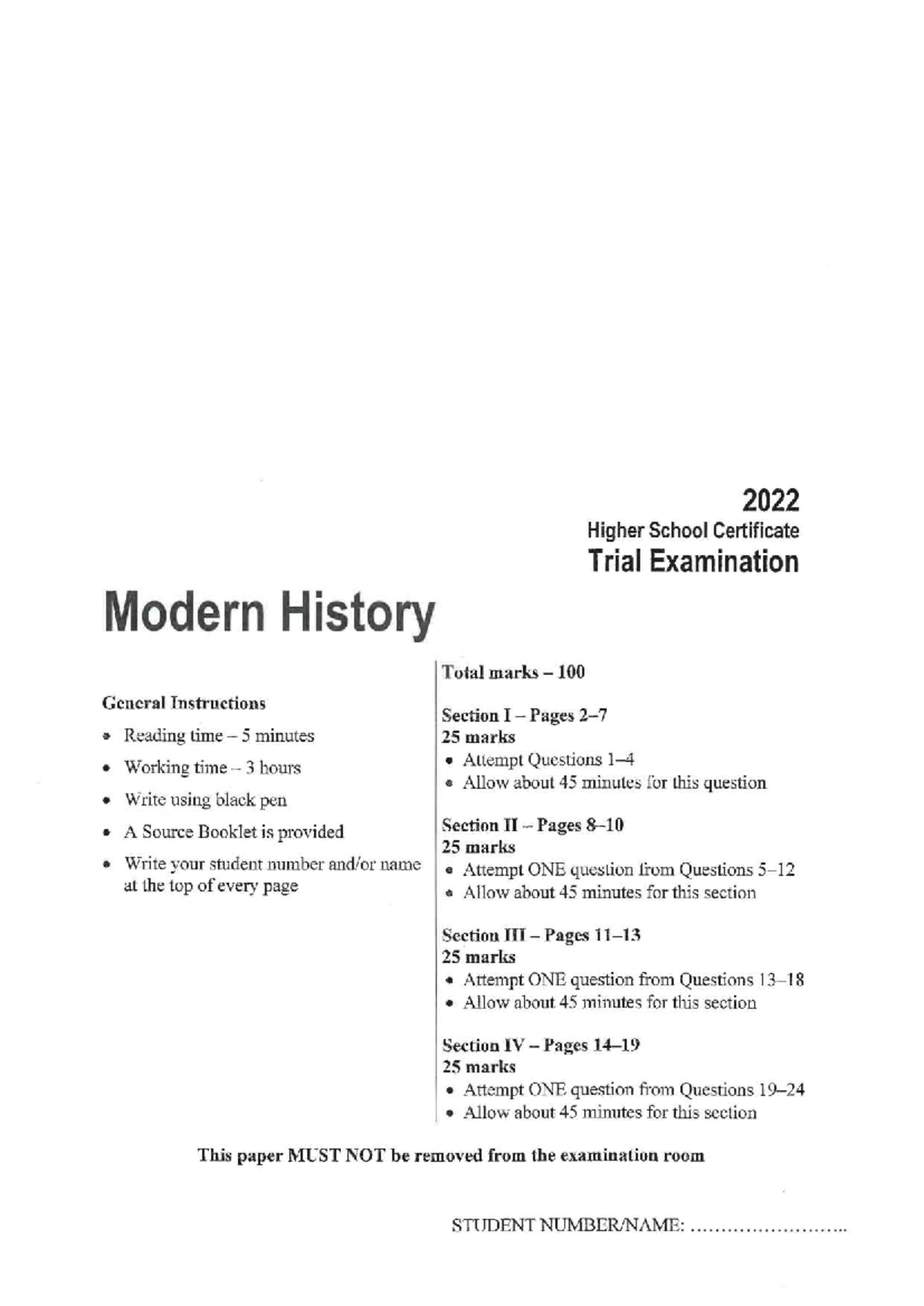 2022 Independent Trial - Modern History Exam Booklet - Studocu