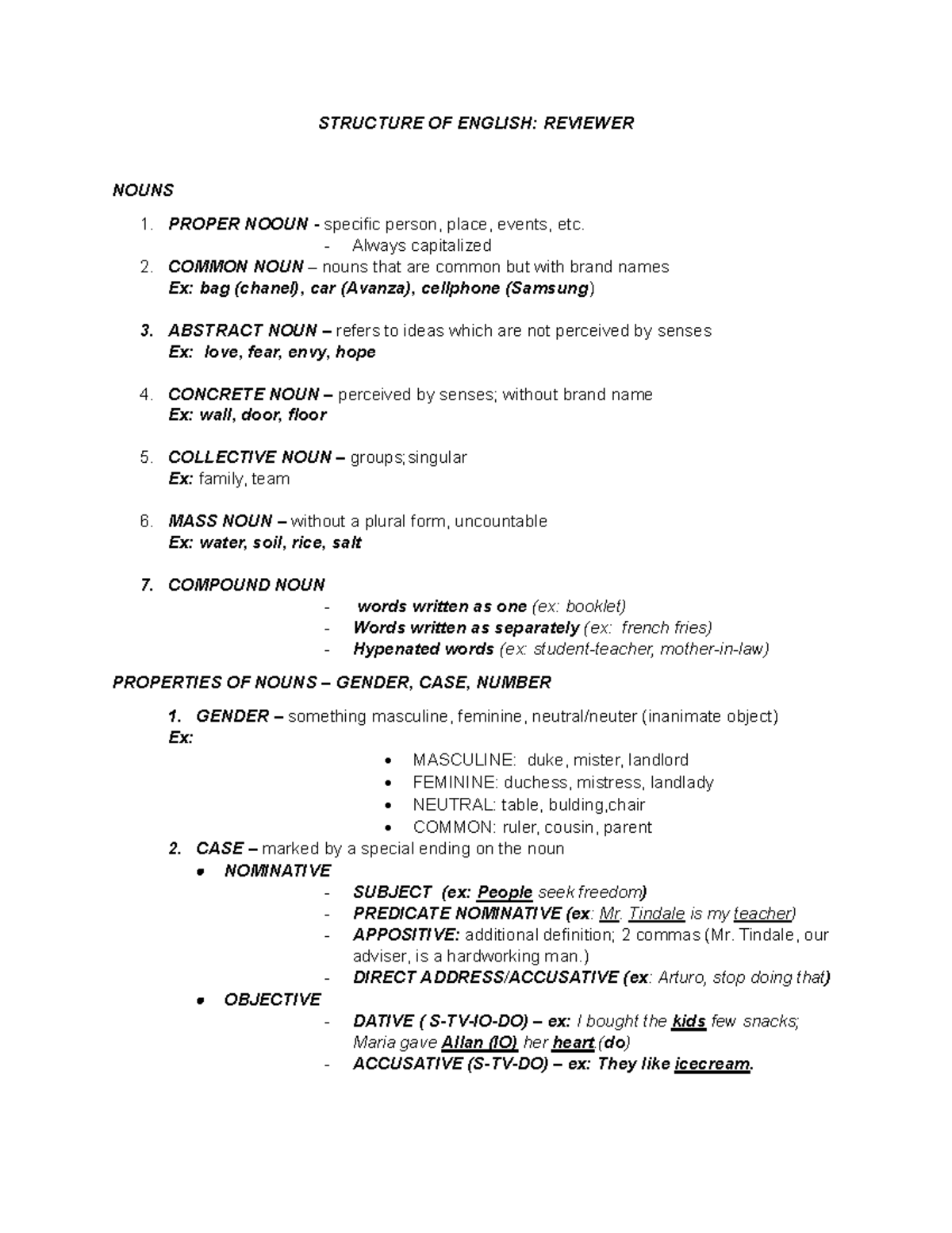 Structure of English: Midterm Reviewer on Nouns and Verbs - Studocu