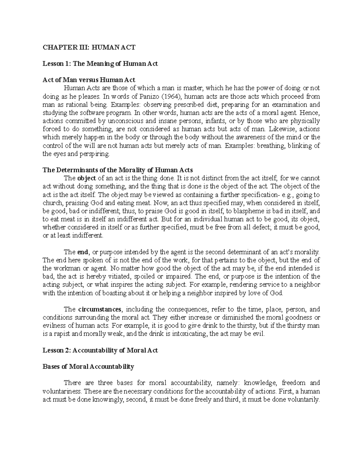 Chapter III: The Nature of Human Acts and Moral Accountability - Studocu