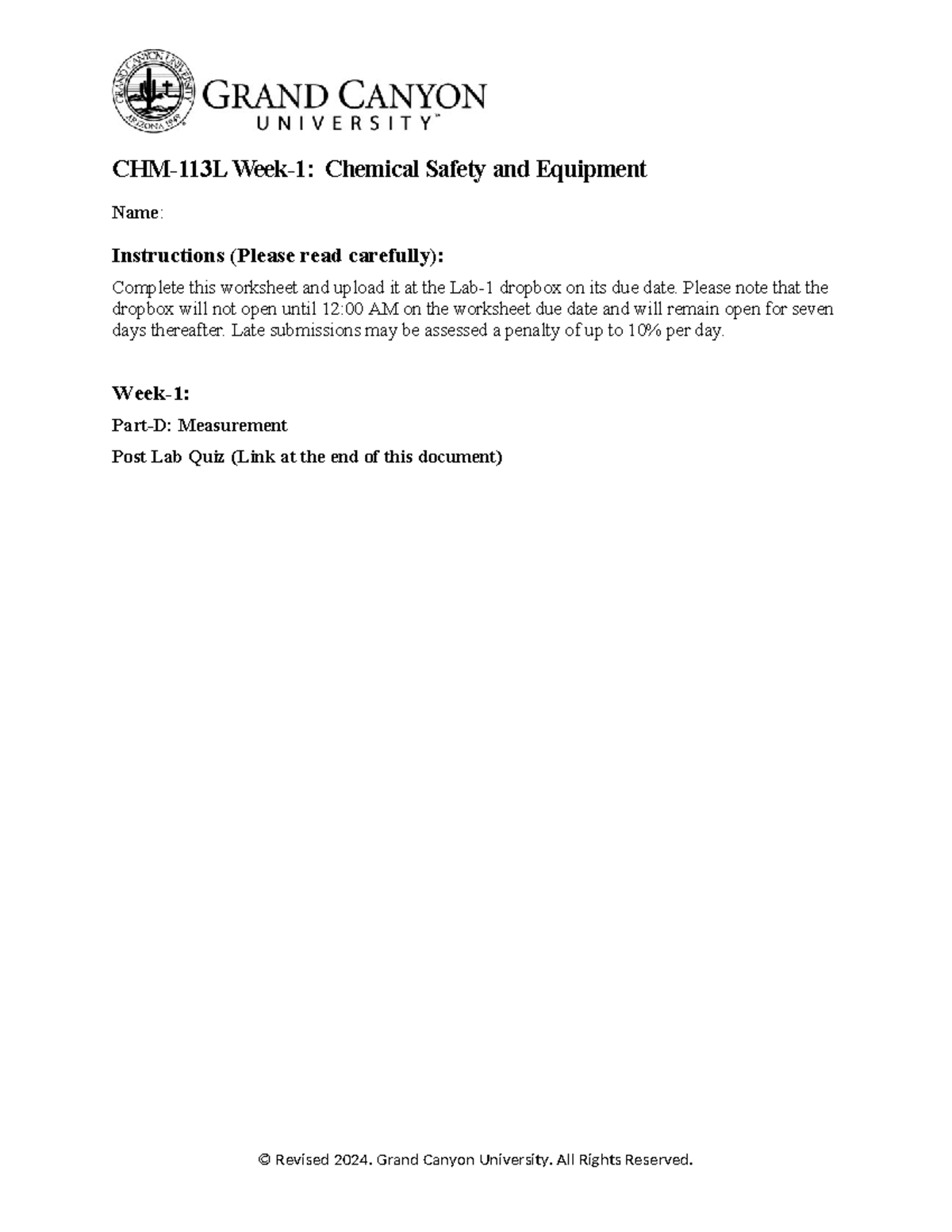 CHM113L Week-1 Chemical Safety & Measurement Worksheet FA25 - Studocu