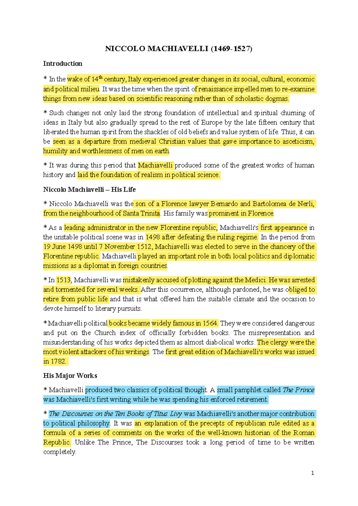 machiavelli summarised - NICCOLO MACHIAVELLI ( 1469 - 1527 ...
