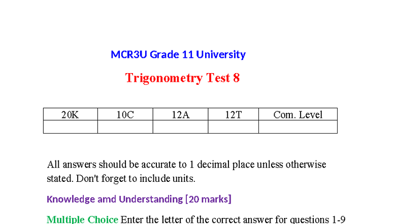 MCR3U Grade 11 Trigonometry Test 8 Solutions and Answers - Studocu