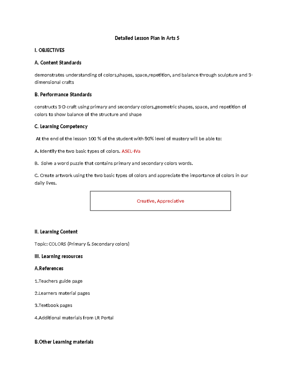 Detailed Lesson Plan in ARTS DLP for Colors (Primary & Secondary) - Studocu