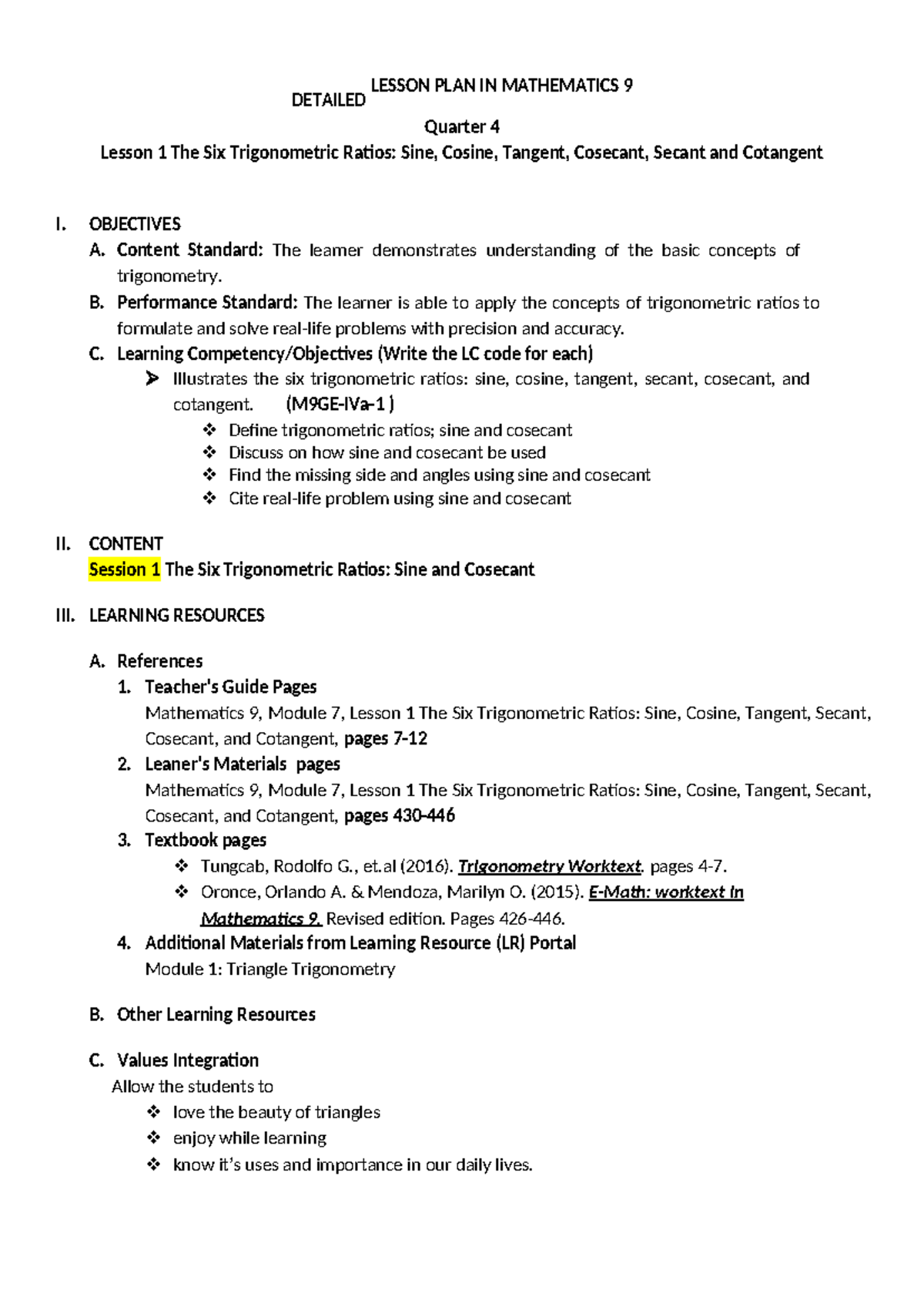 DLP CO MATH 9 Q4: Lesson Plan on Trigonometric Ratios - Studocu