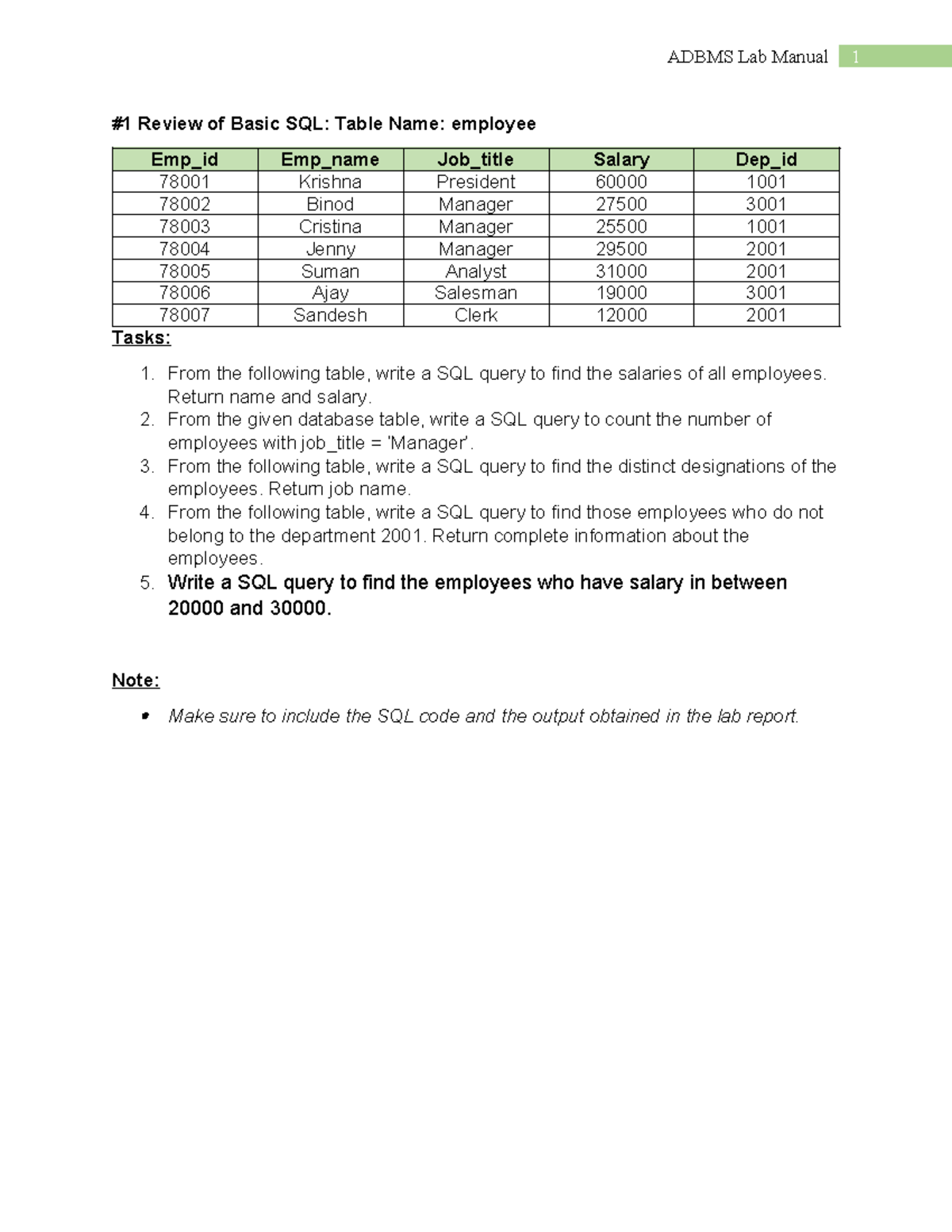 ADBMS Lab Manual: Basic SQL Queries on Employee Table - Studocu