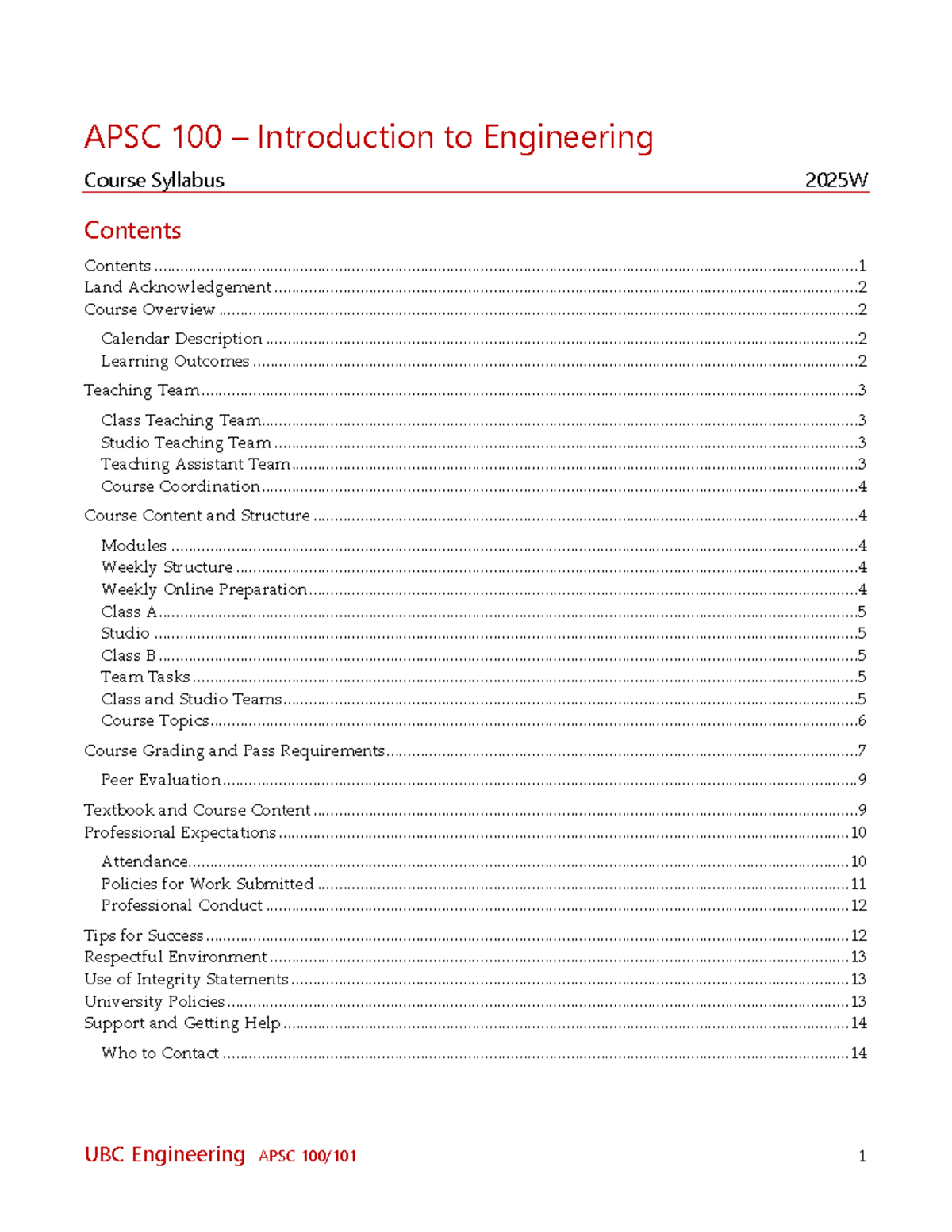 APSC 100 Introduction to Engineering Syllabus 2025W - Studocu