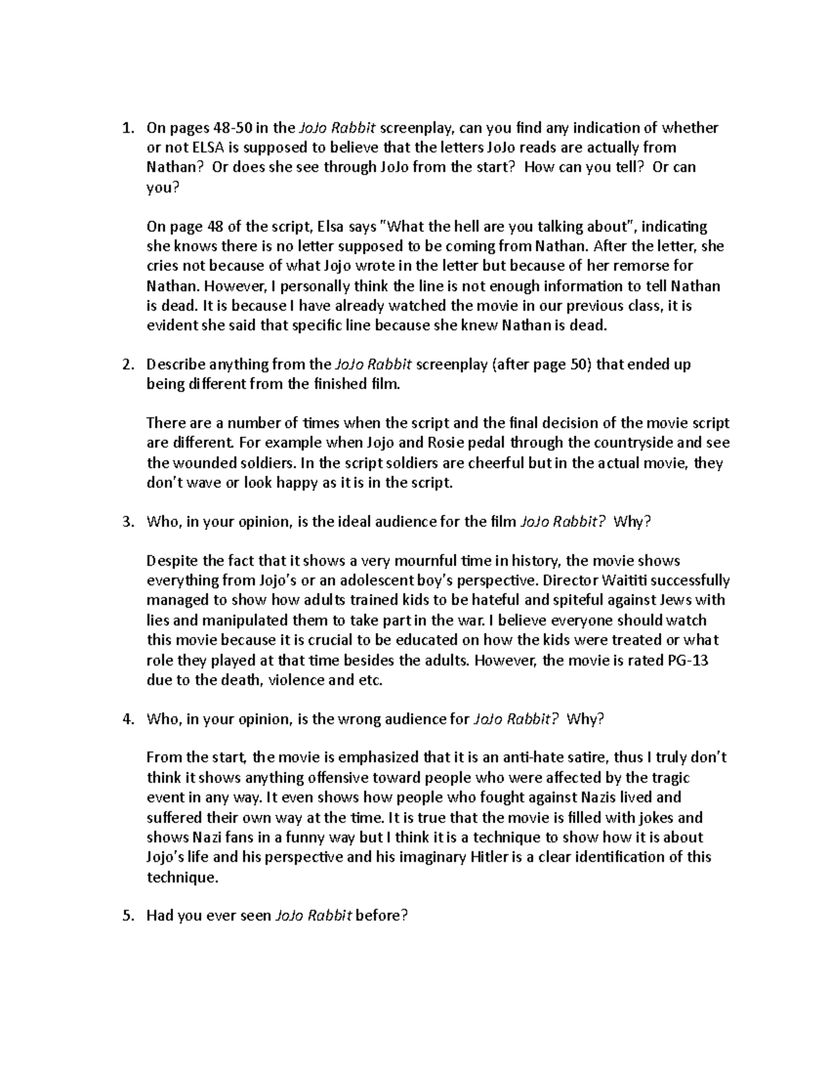 Quiz #7: Analyzing Directorial Choices in JoJo Rabbit - Studocu