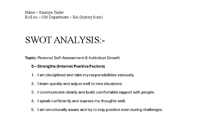 SWOT Analysis for Personal Growth - BA History Hons - Studocu