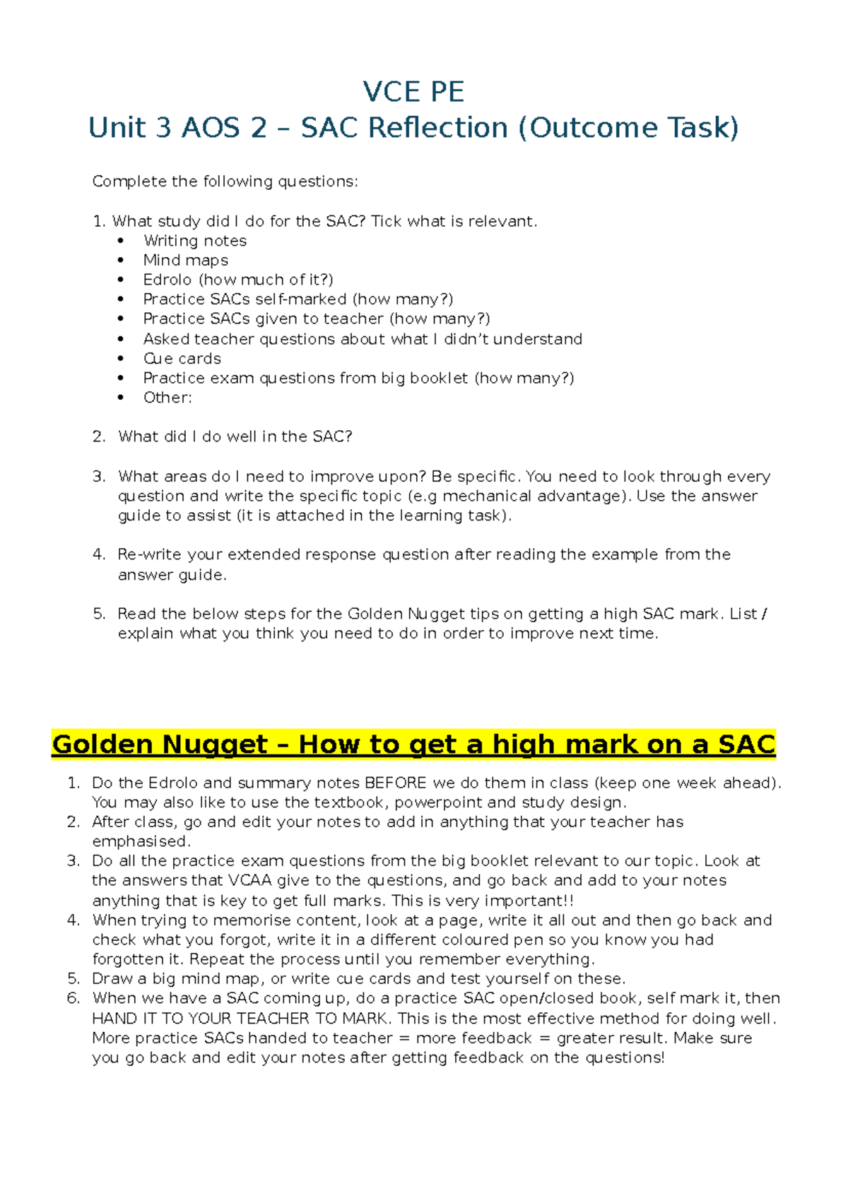 VCE PE Unit 3 AOS 2 SAC Reflection and Improvement Strategies - Studocu
