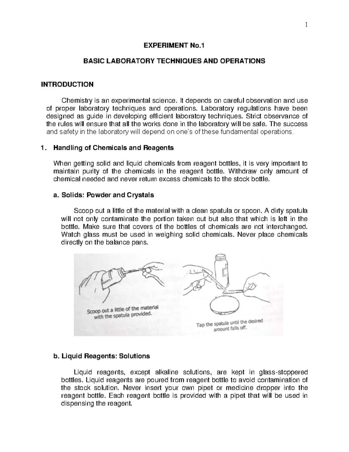 Experiment 1: Basic Laboratory Techniques & Operations in Chemistry - Studocu