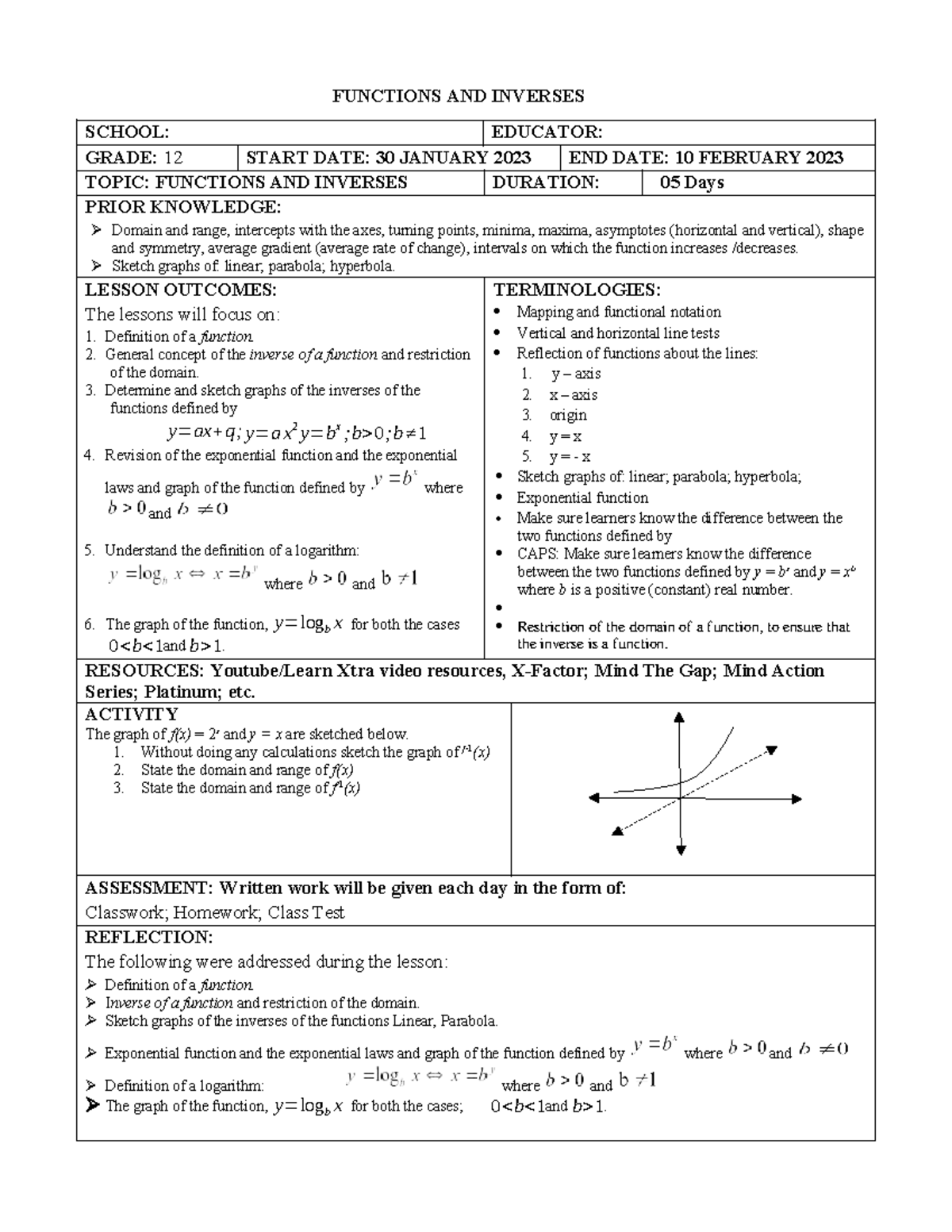 Functions and Inverses Lesson Plan (Grade 12) - 2026-02 - Studocu