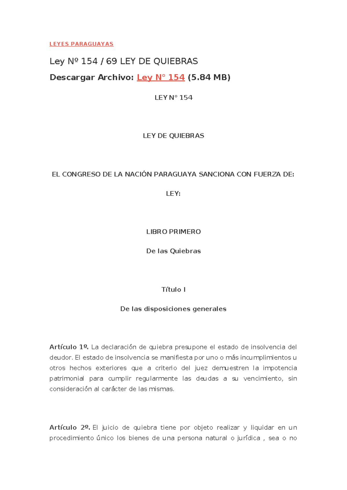 Resumen de Ley N° 154/69 - Ley de Quiebras en Paraguay - Studocu