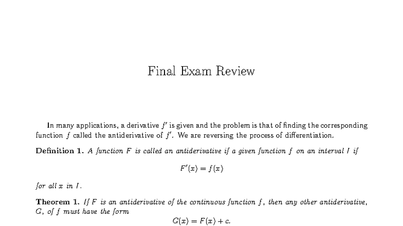 WS9 Final Exam Prep: Antiderivatives and Integration Techniques - Studocu